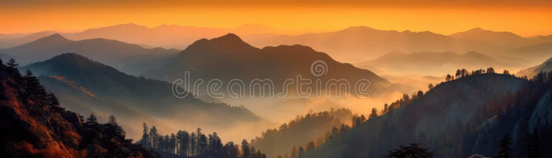 Misty Mountains with a Dreamy Sunrise Glow. Banner for Web. Generative ...