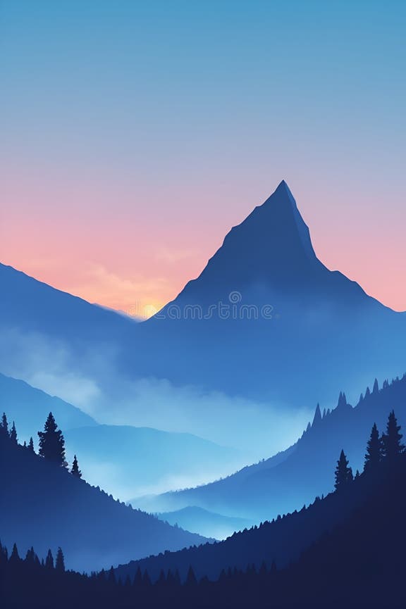 Misty Mountains at Sunset in Blue Tone, Vertical Composition Stock ...