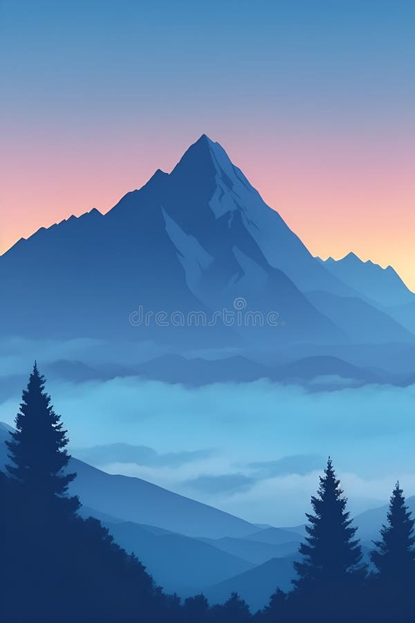 Misty Mountains at Sunset in Blue Tone, Vertical Composition Stock ...