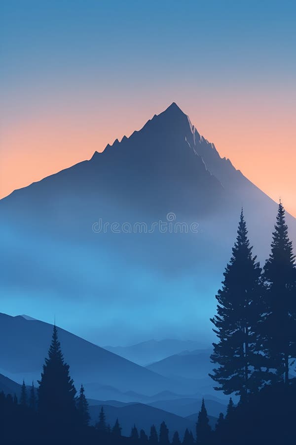 Misty Mountains at Sunset in Blue Tone, Vertical Composition Stock ...