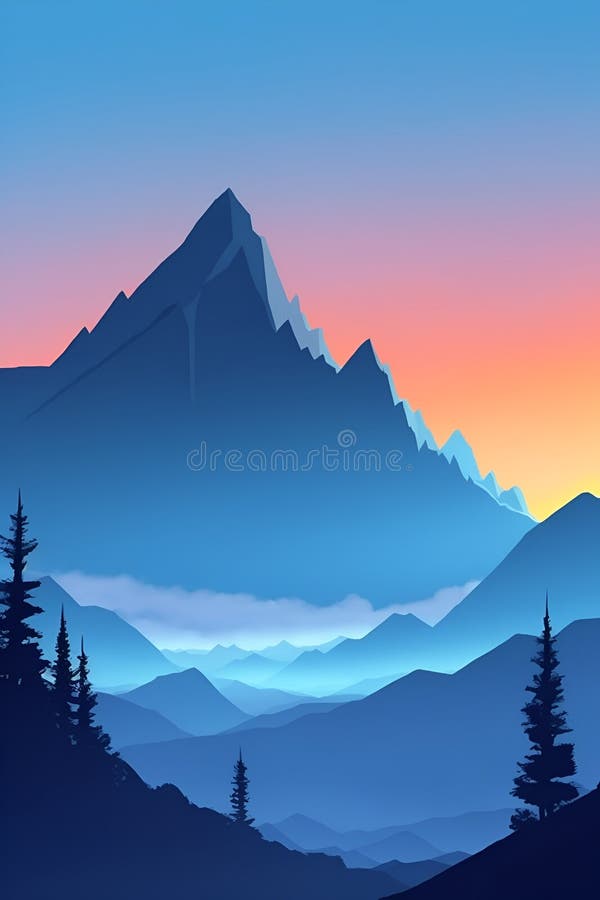 Misty Mountains at Sunset in Blue Tone, Vertical Composition Stock ...