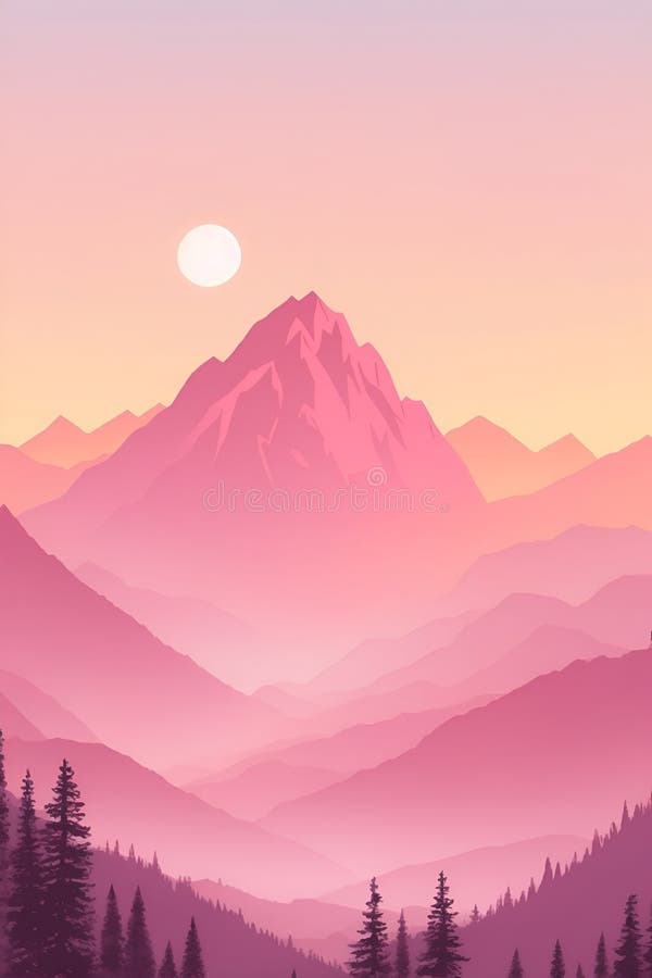Misty Mountains at Sunset in Pink Tone, Vertical Composition Stock ...
