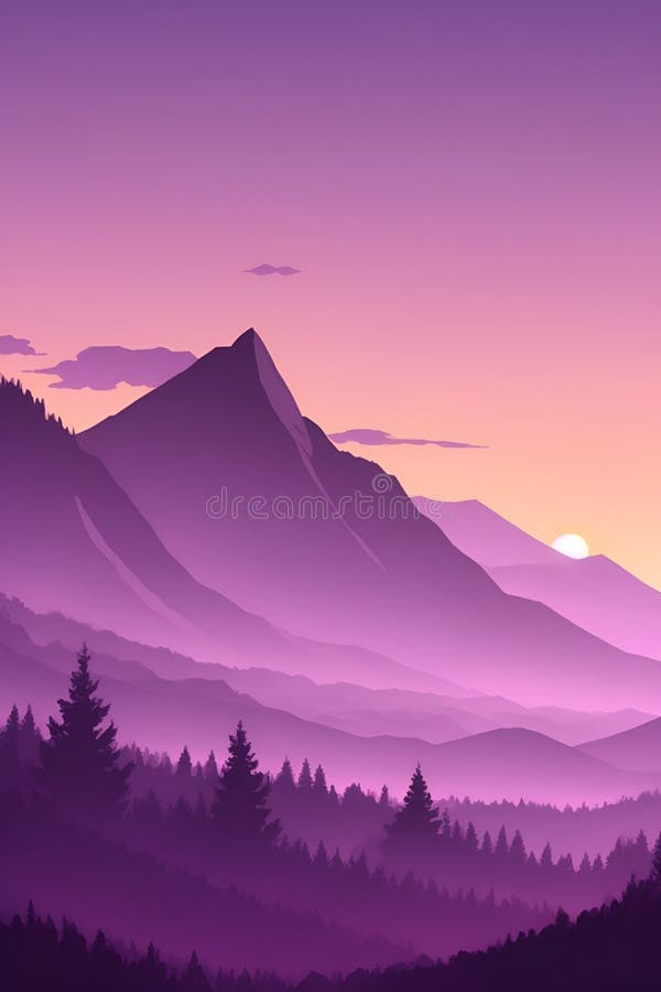 Misty Mountains at Sunset in Purple Tone, Vertical Composition Stock ...