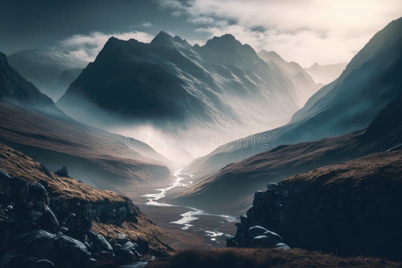 Misty Mountainscapes. AI Generated Stock Illustration - Illustration of environment, atmospheric ...