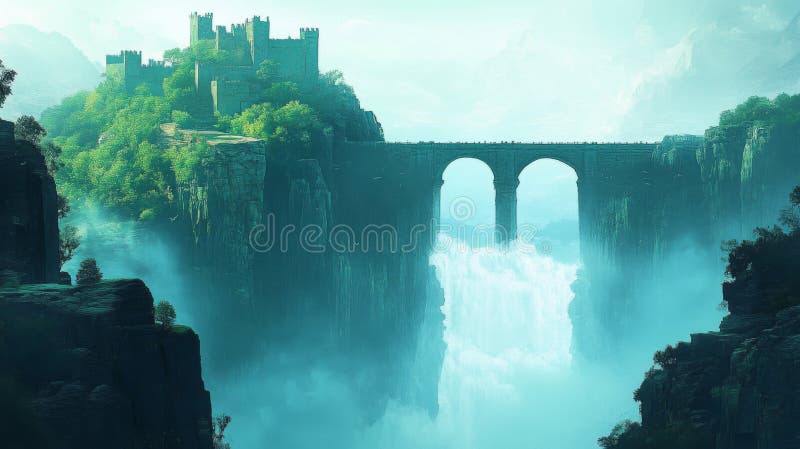 Misty Mountaintop Castle with Arch Bridge and Waterfall Stock ...