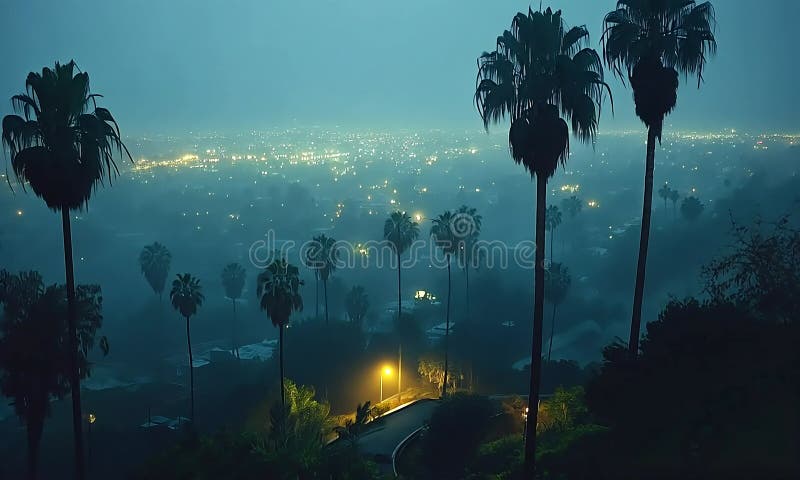 Misty Night Cityscape with Palm Trees Stock Video - Video of houses ...