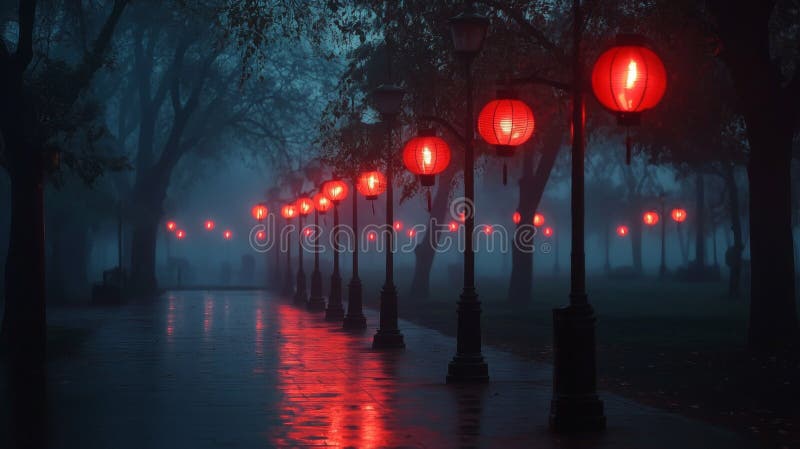 Misty Night Park Path with Glowing Red Lanterns Stock Illustration ...