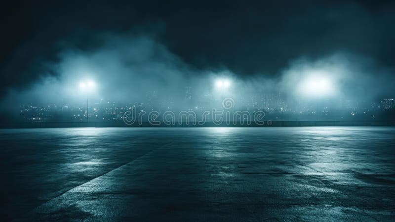 A Misty Night Scene with Illuminated Fields and Distant City Lights ...