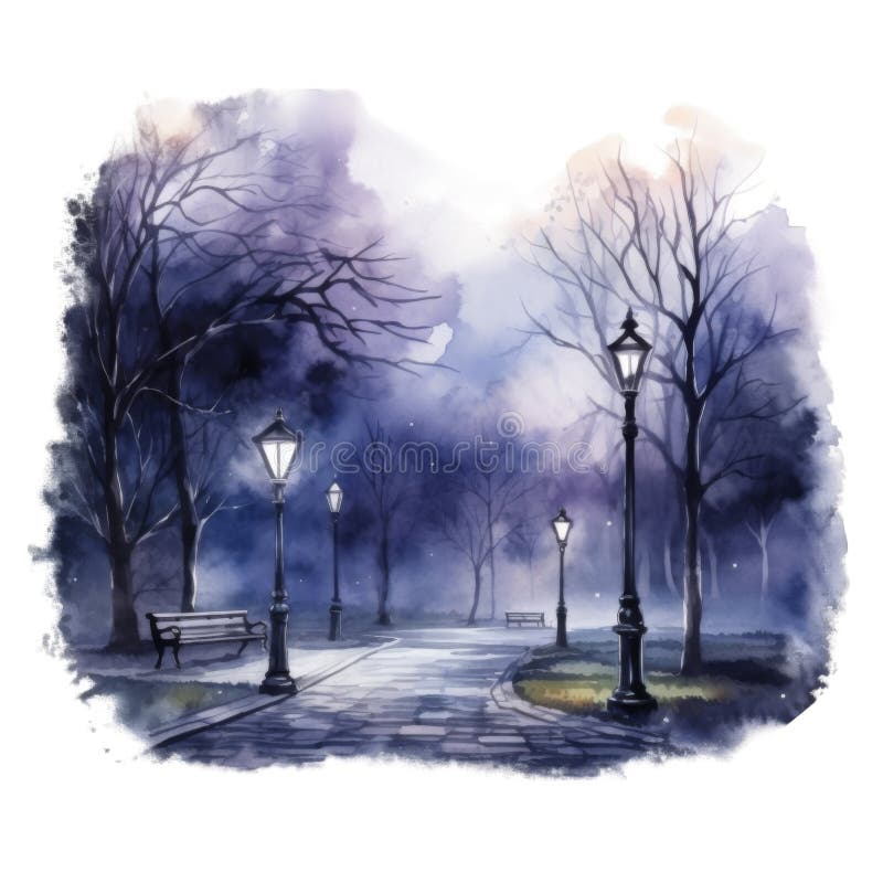 A Misty Night Walk through a Park with Streetlights Stock Photo ...
