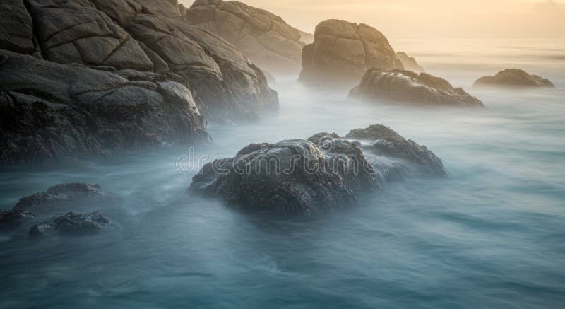 Misty Ocean Sunrise with Dark Rocks Stock Illustration - Illustration ...