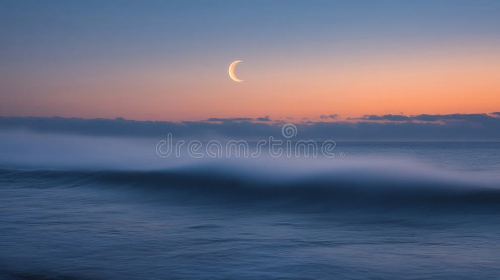 Misty Ocean Wave at Sunset with Crescent Moon Stock Illustration ...