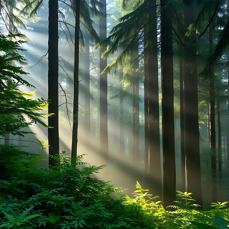 Misty Oregon Forest with Light Streaming Stock Illustration ...