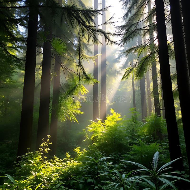 Misty Oregon Forest with Light Streaming Stock Illustration ...