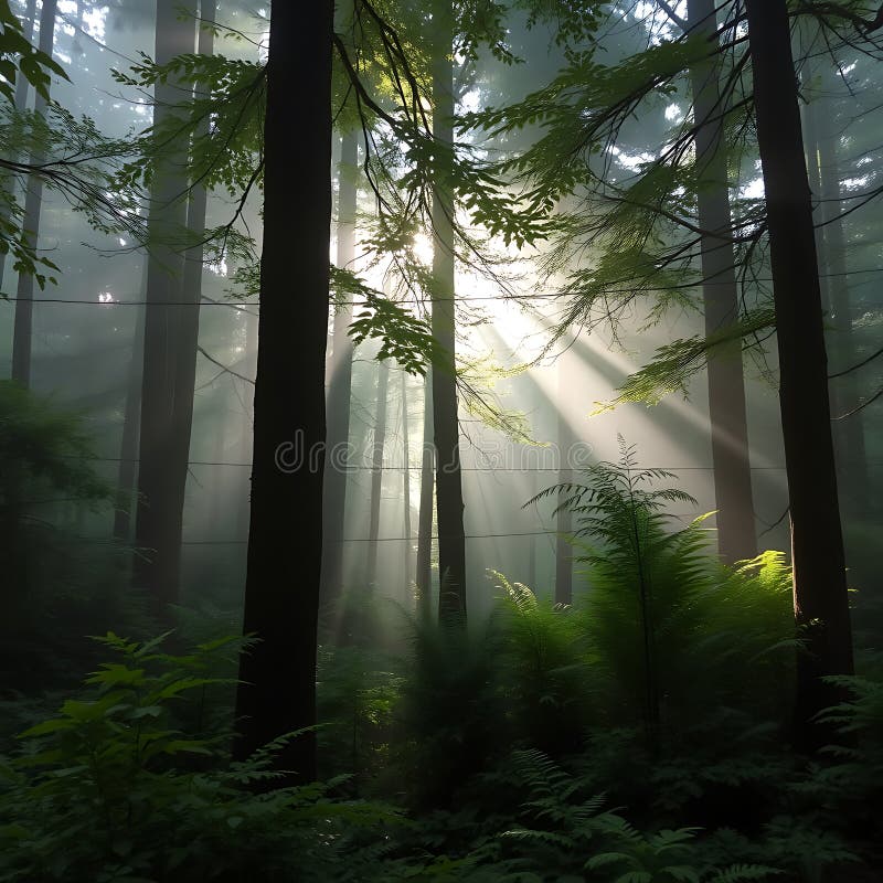 Misty Oregon Forest with Light Streaming Stock Illustration ...