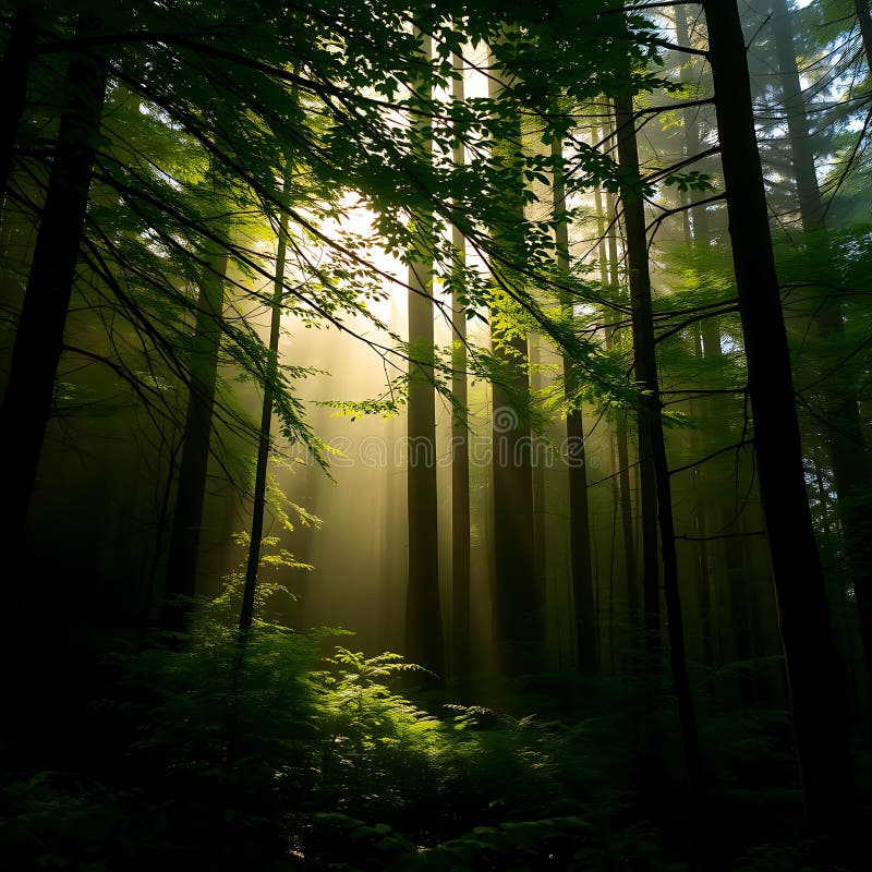 Misty Oregon Forest with Light Streaming Stock Illustration ...