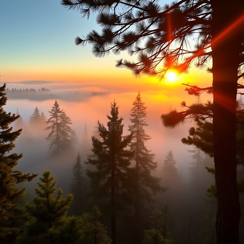 Misty Oregon Forest with Sunrise through Pines Stock Illustration ...