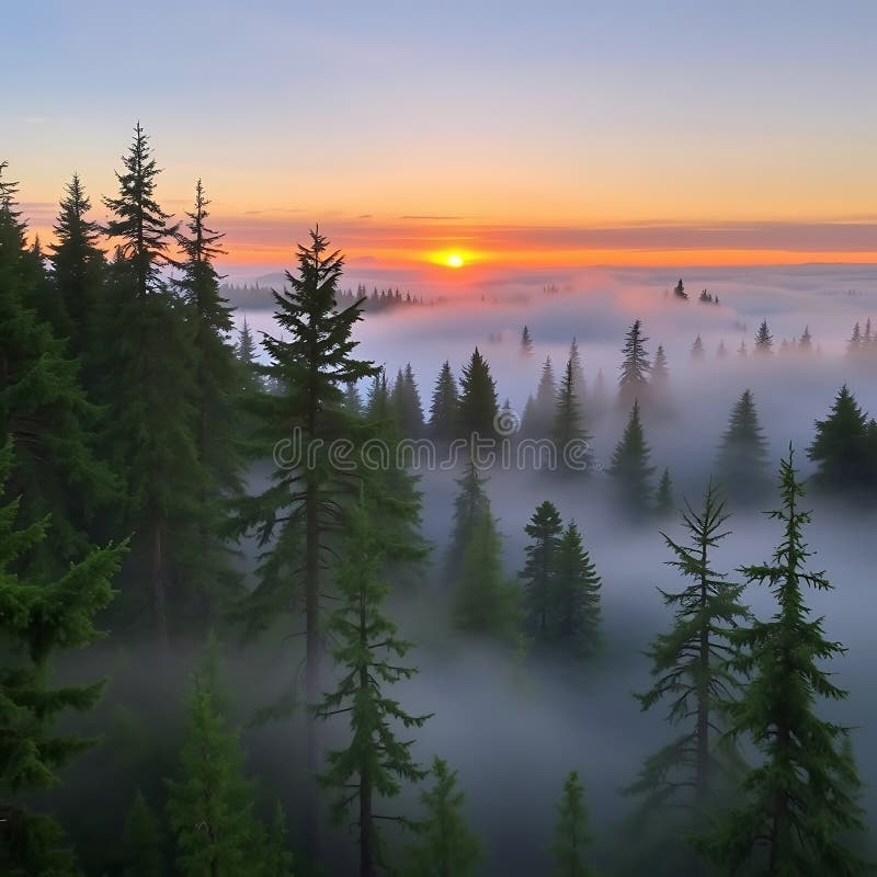 Misty Oregon Forest with Sunrise through Pines Stock Illustration ...