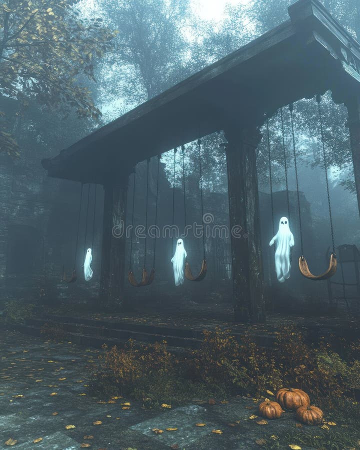 Spooky Swing Set with Ghostly Figures Stock Photo - Image of graphic ...