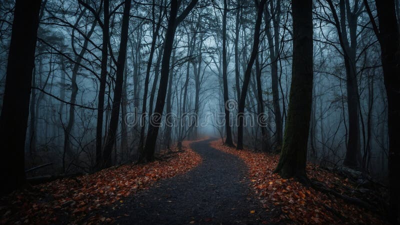 Misty Path through Haunted Forest with Dim Light and Shadows Stock ...