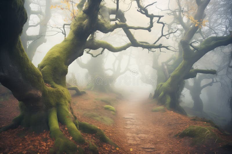 A Misty Path Winding through Towering Old Trees Stock Illustration ...