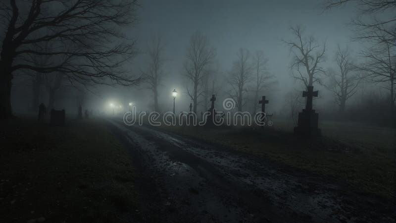 A Misty Path Winds through a Cemetery at Night Stock Illustration ...