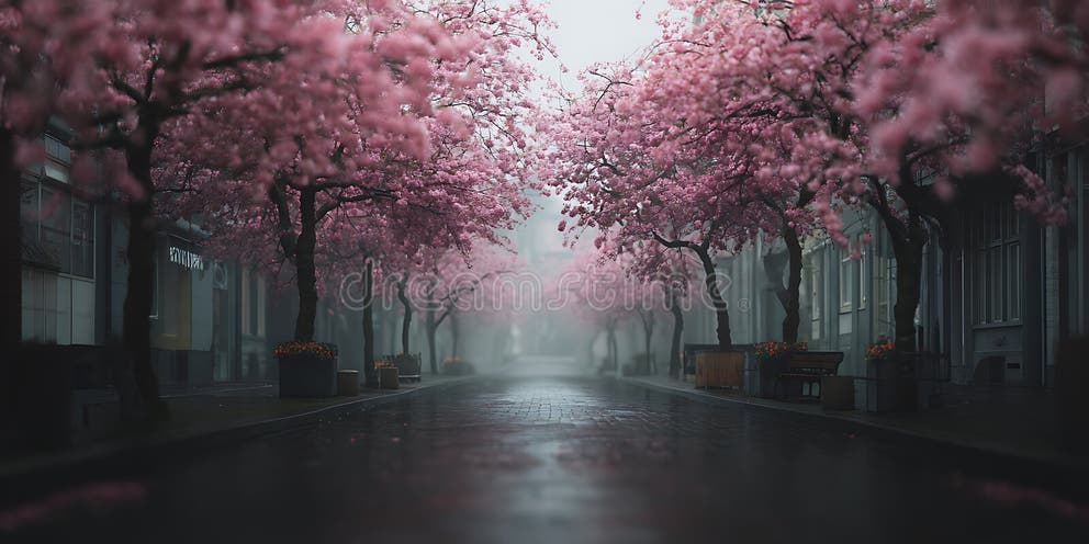 Misty Pink Blossom Lane a Serene Pathway Stock Illustration ...