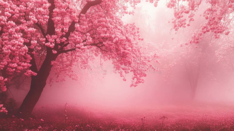Misty Pink Cherry Blossom Forest Stock Illustration - Illustration of ...