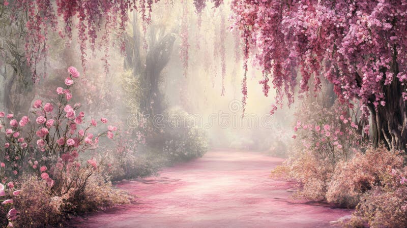 Misty Pink Flower Forest Path Stock Illustration - Illustration of ...