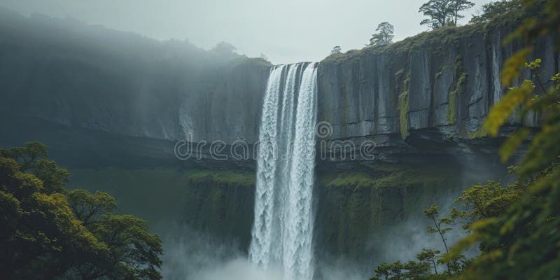 Misty Plateau Waterfall Cascading Down Sheer Cliff Face Stock Photo ...