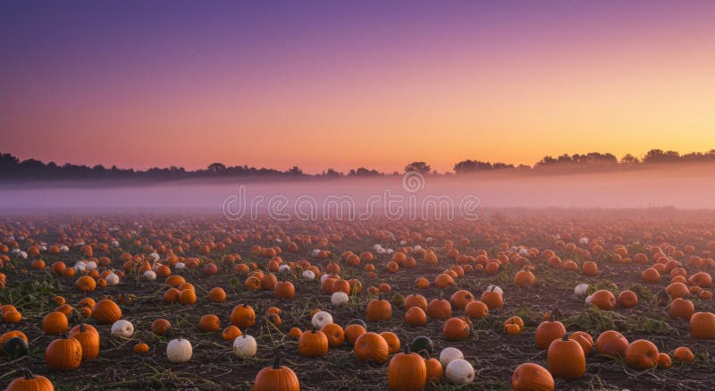 Misty Pumpkin Field at Sunrise Stock Illustration - Illustration of ...