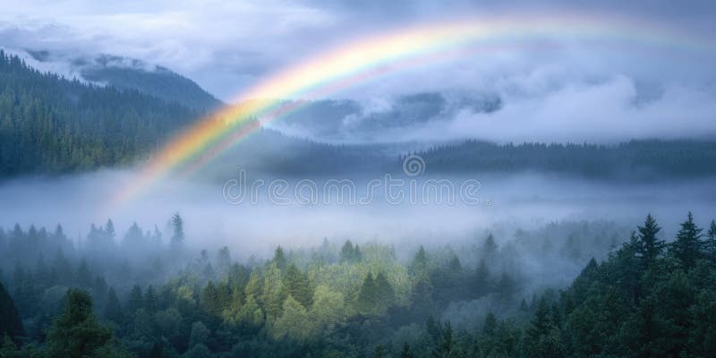 Misty Rainbow Over Forest stock photo. Image of pacific - 361070678