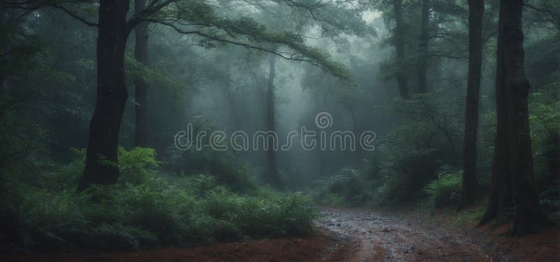 Misty Rainfall Shrouding a Serene Forest Path Stock Illustration ...