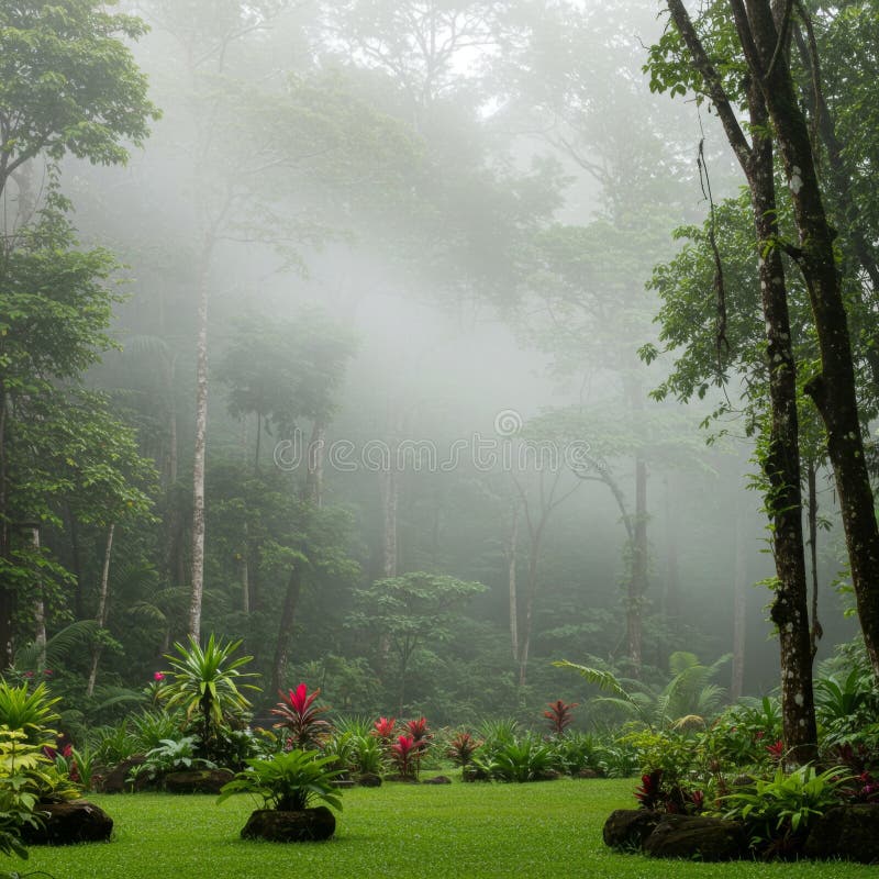 Misty Rainforest Landscape with Lush Greenery Stock Illustration ...