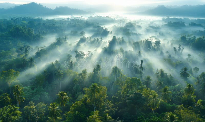 Misty Rainforest Landscape with Sun Rays Illuminating Lush Greenery and ...