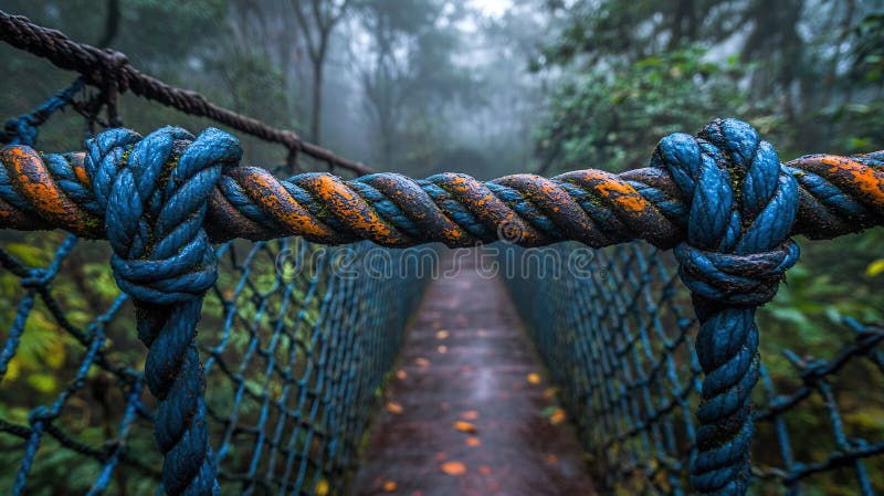 Misty Rainforest Suspension Bridge Rope Detail Stock Illustration ...