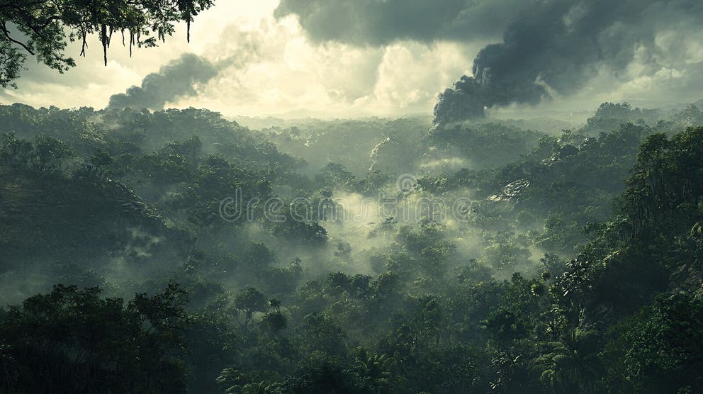 Misty Rainforest Valley with Dramatic Sky Stock Photo - Image of ...