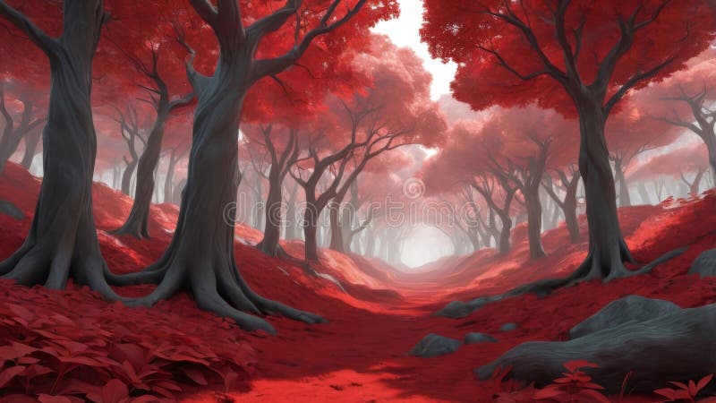 Misty Red Forest Path Leads To Light Stock Illustration - Illustration ...