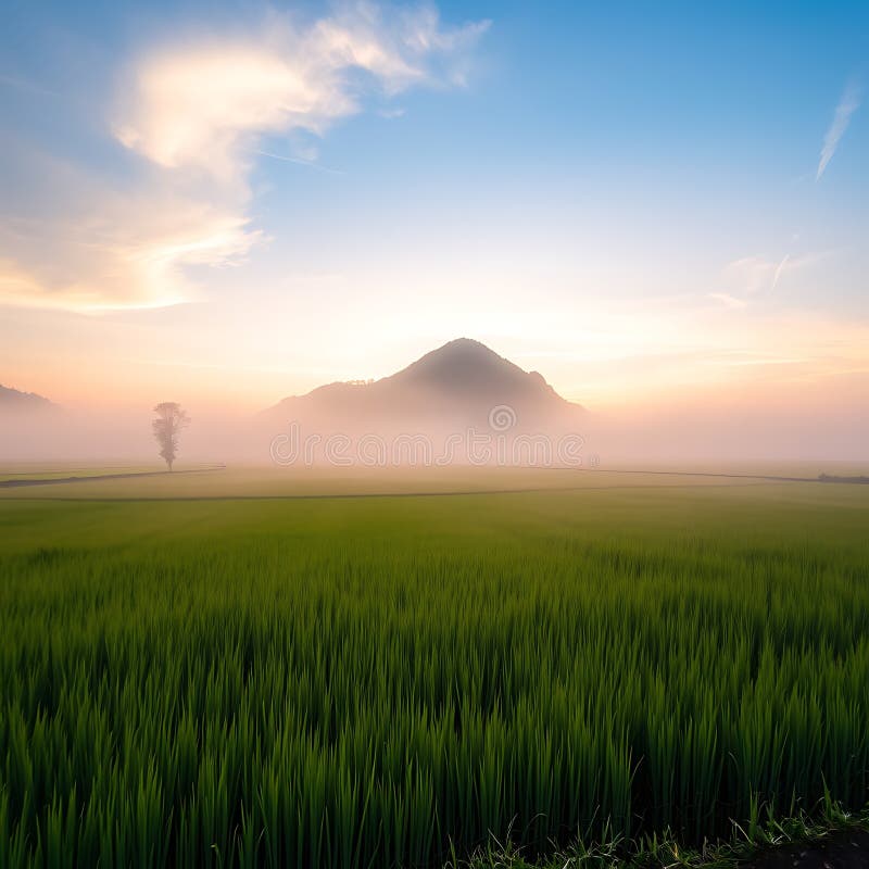 Misty Rice Fields in the Philippines at Dawn Stock Illustration ...