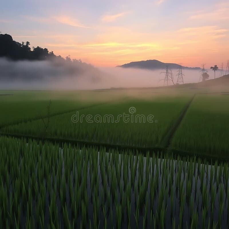 Misty Rice Fields in the Philippines at Dawn Stock Illustration ...