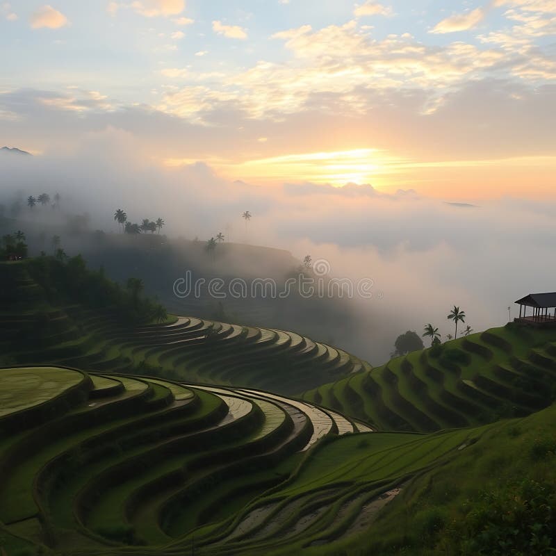 Misty Rice Terraces in Bali at Sunrise Stock Illustration ...