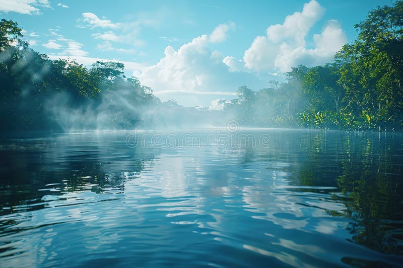 Misty River in the Amazon Rainforest Stock Illustration - Illustration ...