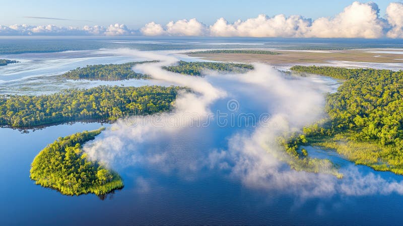 Misty River Delta Aerial View of a Tranquil Landscape in Soft Light ...
