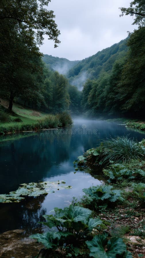 Misty River Flows Dense Forest Peaceful Landscape Reflections Stock ...
