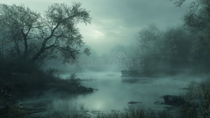 Misty River through a Foggy Forest Stock Illustration - Illustration of ...