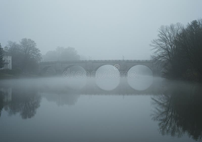 Misty River Scene with Stone Arch Bridge Stock Illustration ...