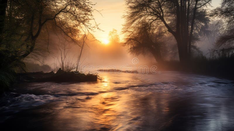 The Misty River and the Sunrise How they Create a Magical Atmosphere Stock Illustration ...
