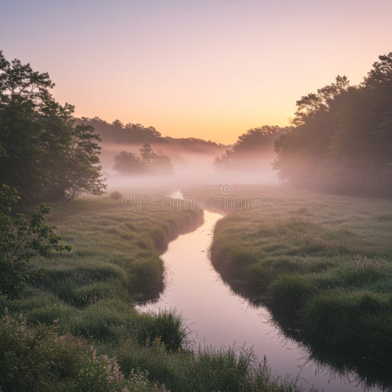 Misty River at Sunrise Soft Pink and Purple Hues Stock Illustration ...