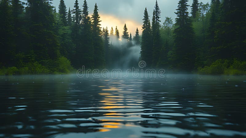 Misty River Sunset, Rain, Forest, Reflection, Nature Stock Illustration ...