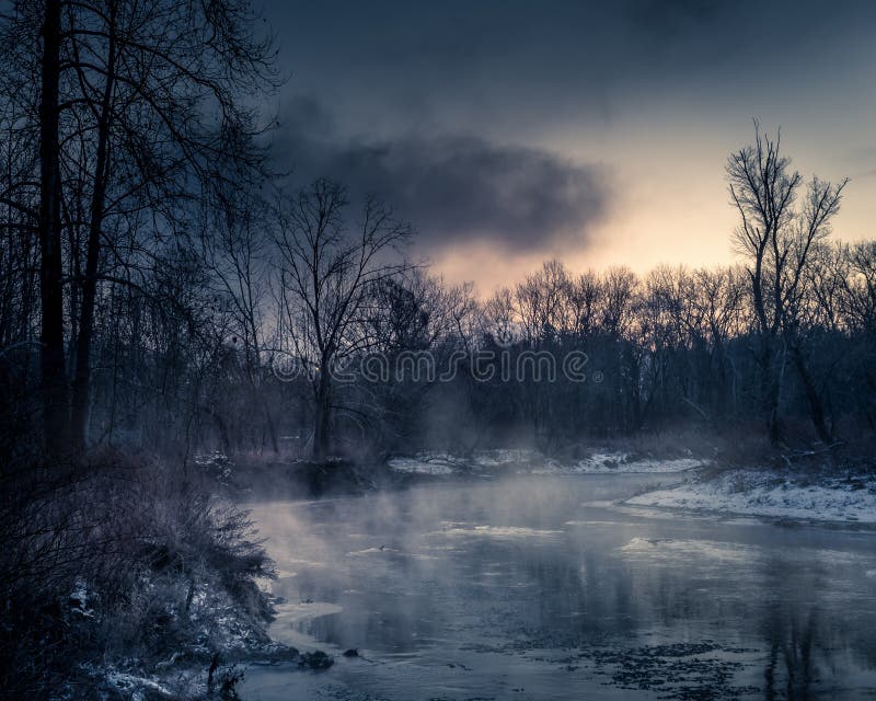 Misty river in winter. stock photo. Image of cold, dawn - 106957502
