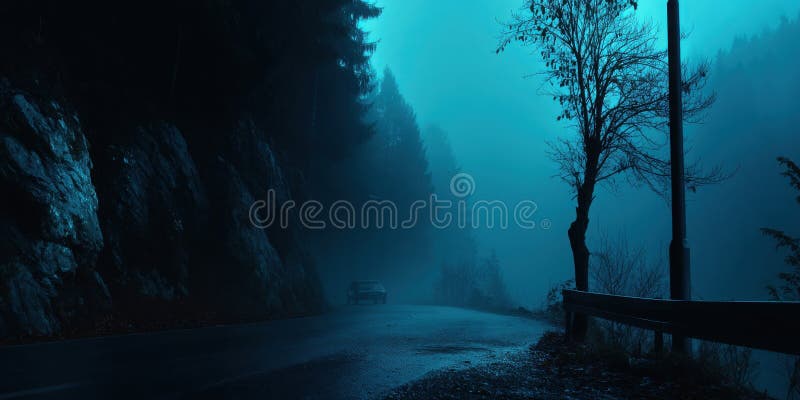 Misty Road in a Dark Forest Setting with Blue Hue and Subtle Natural ...